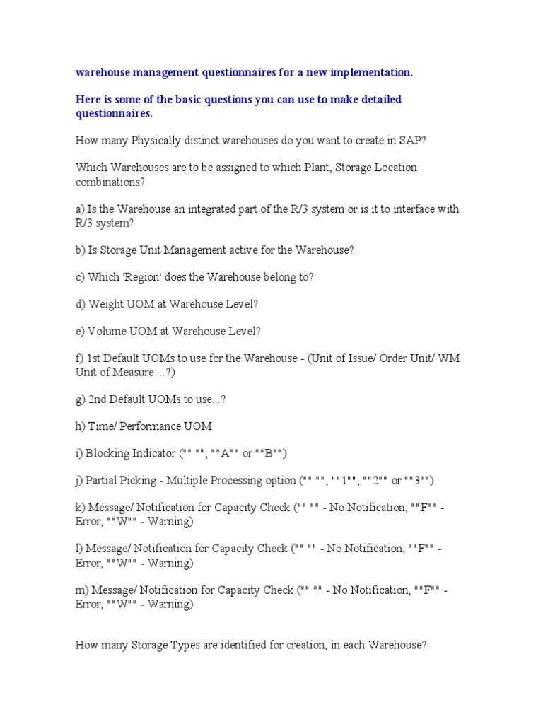 WM Questionnaire For A New Implementation | PDF | Inventory | Warehouse