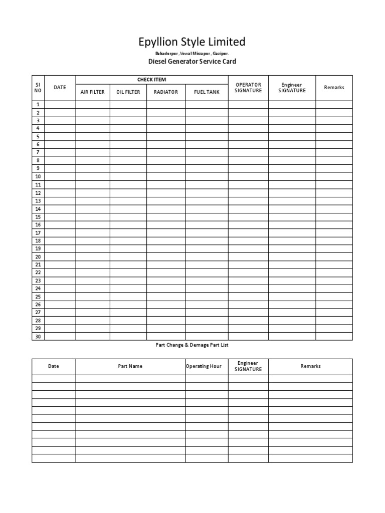 Diesel Generator Service Card | PDF