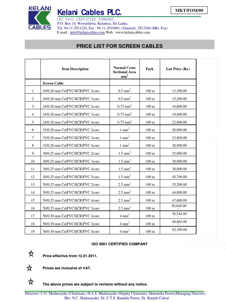 Kelani Cables PLC.: Price List For Screen Cables | PDF | Business