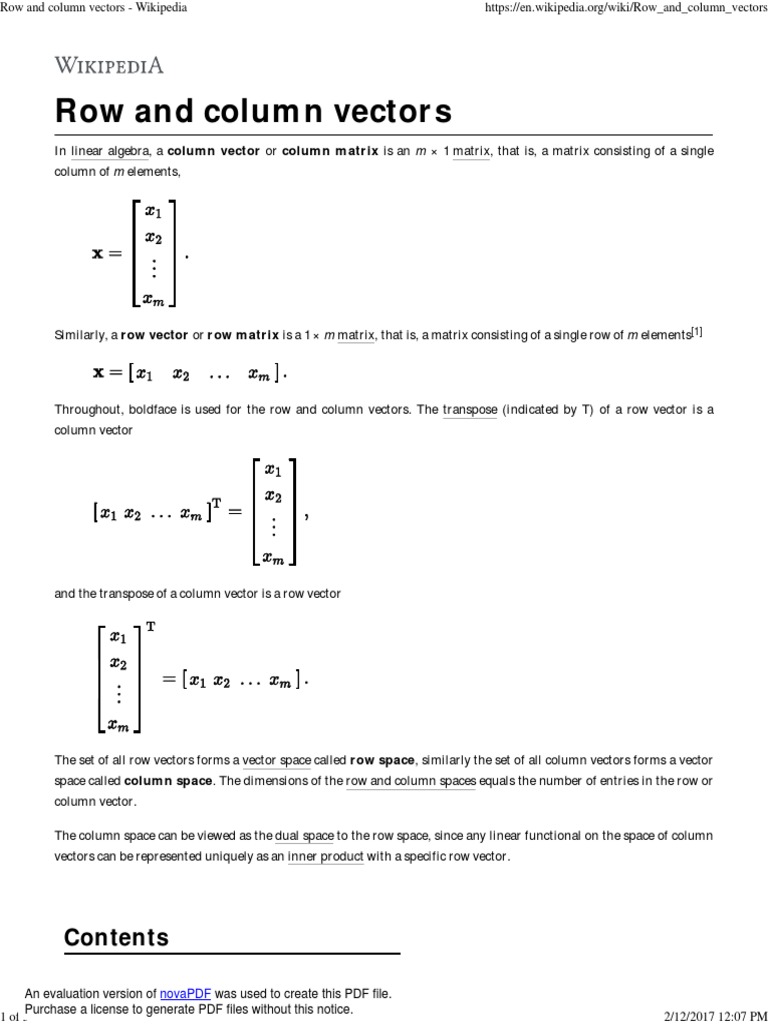 Row and Column Vectors - Wikipedia | PDF | Matrix (Mathematics ...