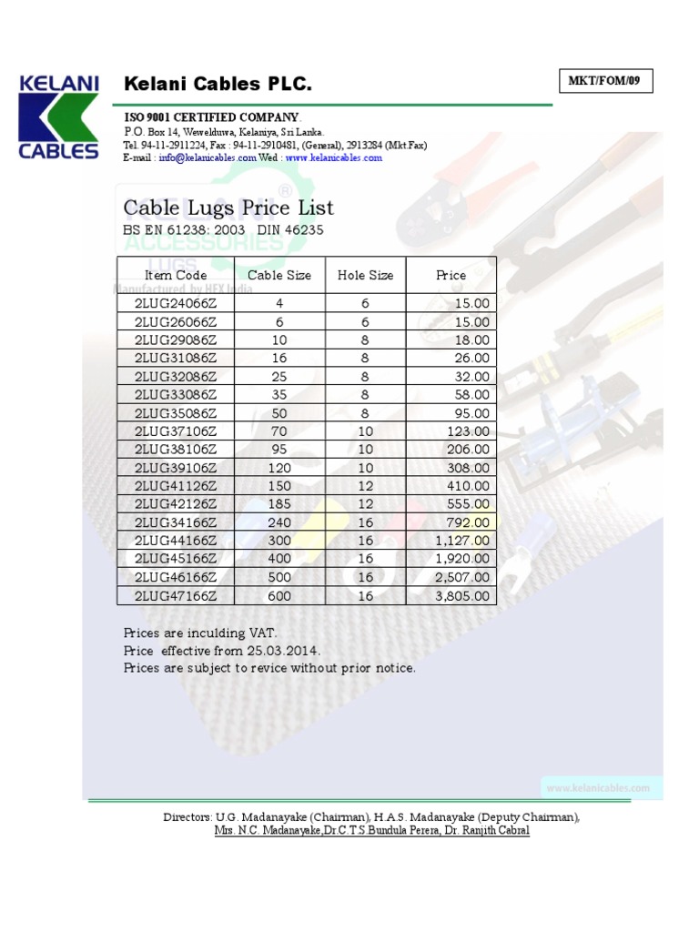 Cable Lugs Price List: Kelani Cables PLC | PDF