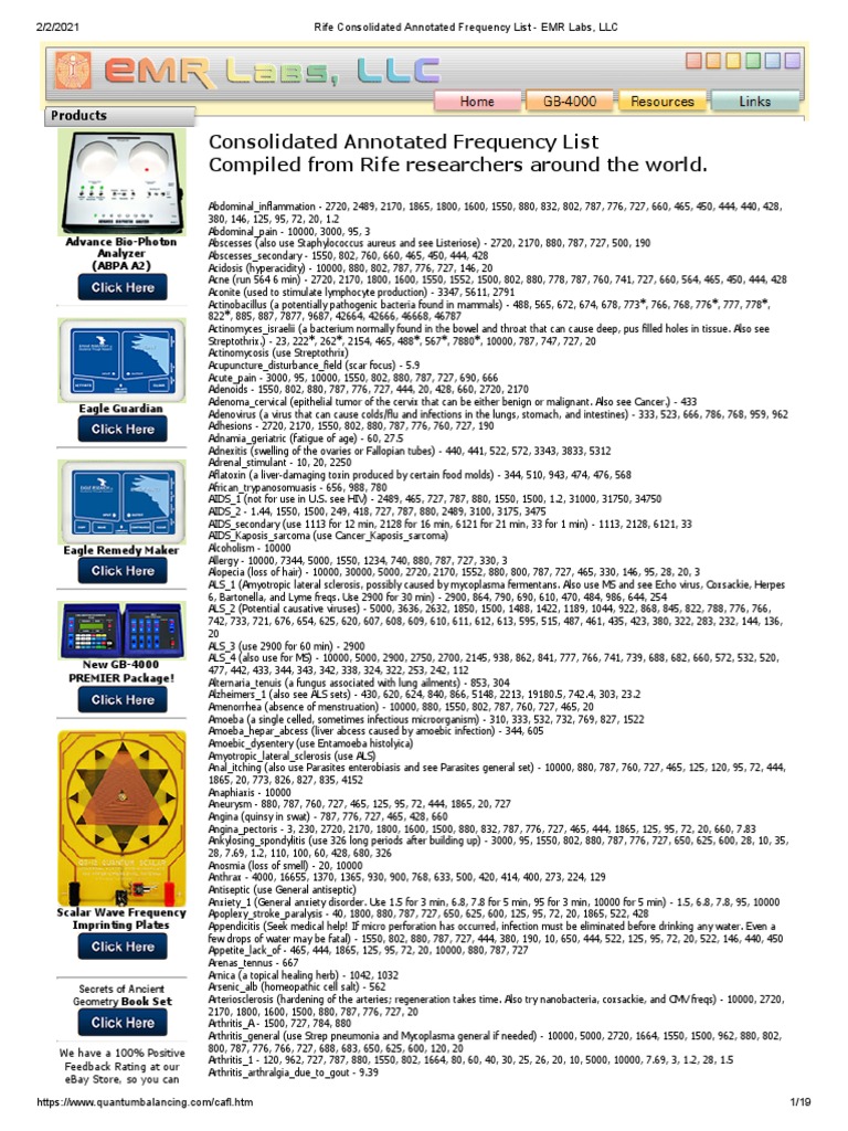 Rife Consolidated Annotated Frequency List - EMR Labs, LLC | PDF ...