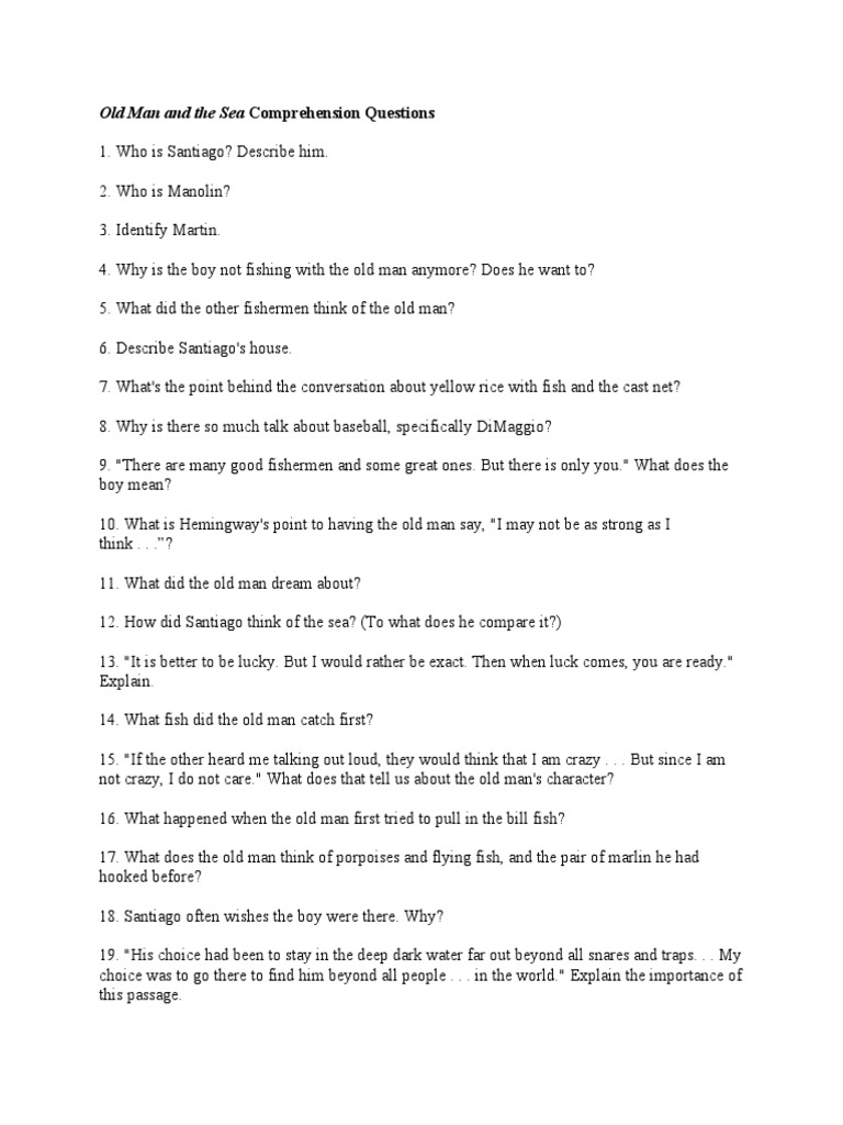 Old Man Comprehension Questions | PDF | Mystery, Thriller & Crime ...