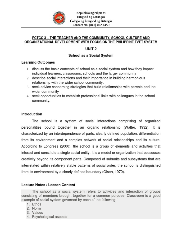 Unit 2 School As A Social System Learning Outcomes | PDF | System ...