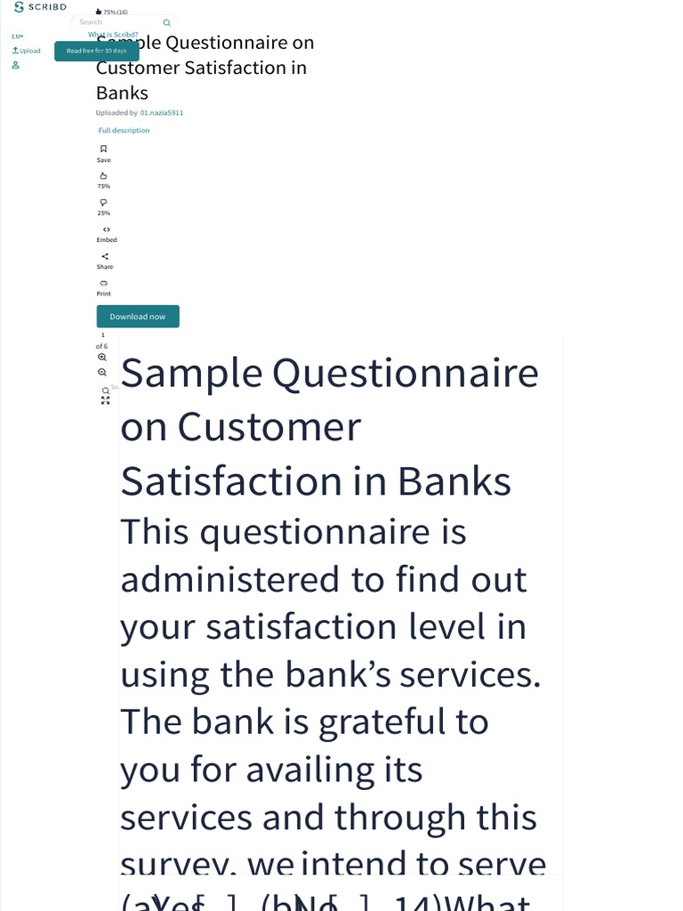Sample Questionnaire On Customer Satisfaction in Banks | PDF | Scribd ...