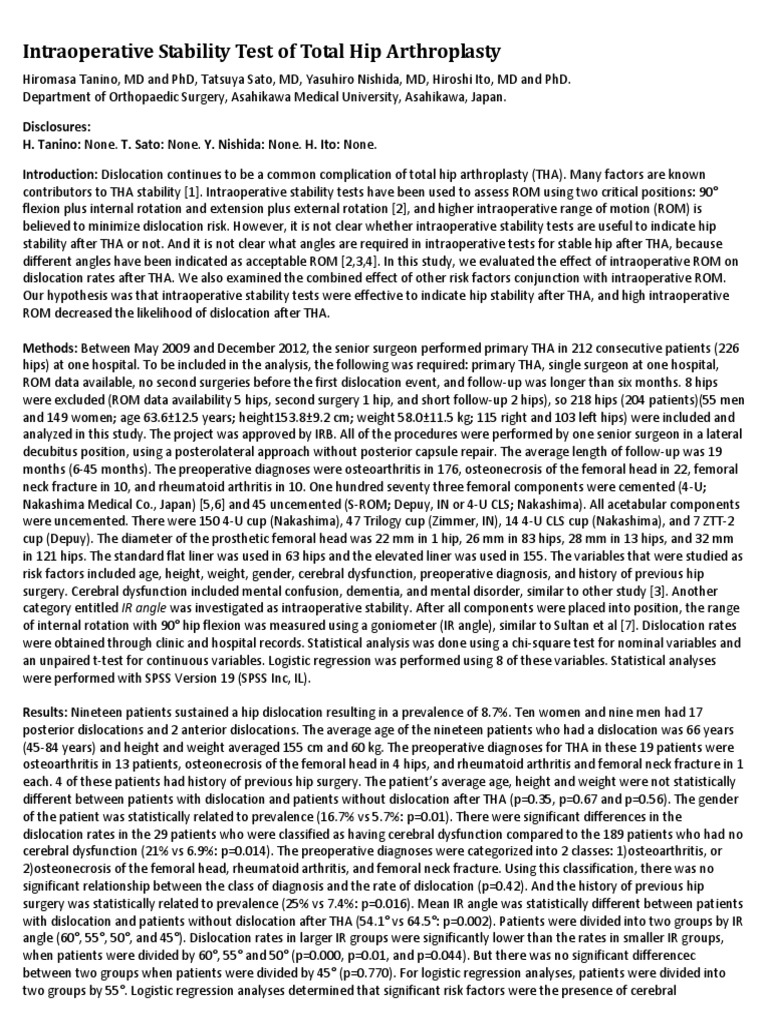 Intraoperative Stability Test of Total Hip Arthroplasty | PDF ...