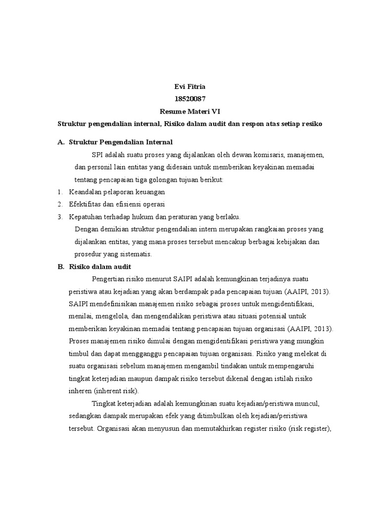Struktur Pengendalian Internal, Risiko Dalam Audit Dan Respon Atas Setiap Resiko | PDF ...