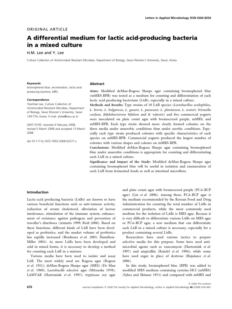 Lee - Et - Al-2008.a Differential Medium For Lactic Acid-Producing Bacteria | PDF ...