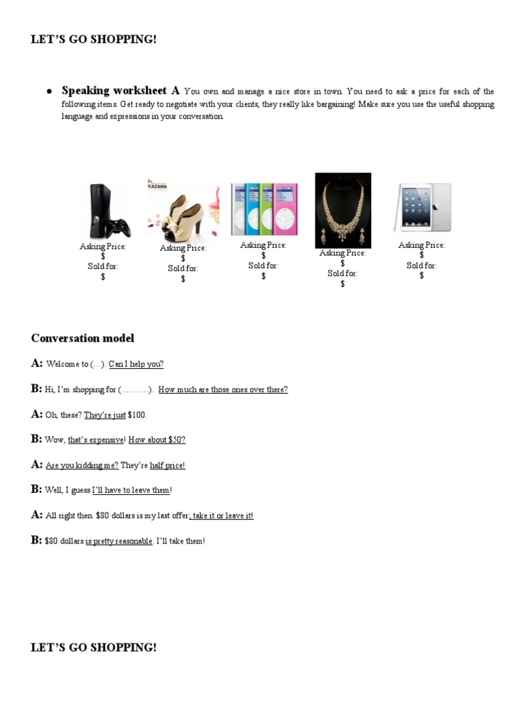 Shopping Speaking Worksheets | PDF | Retailing | Marketing