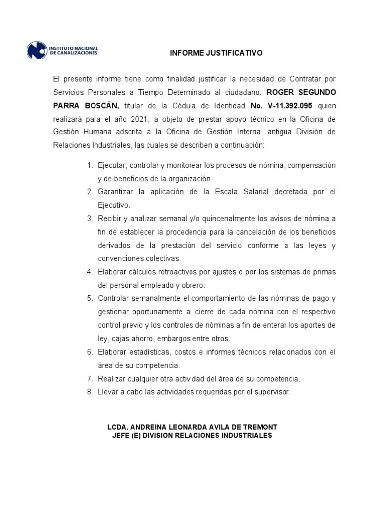 Informe Justificativo Roger Parra | PDF