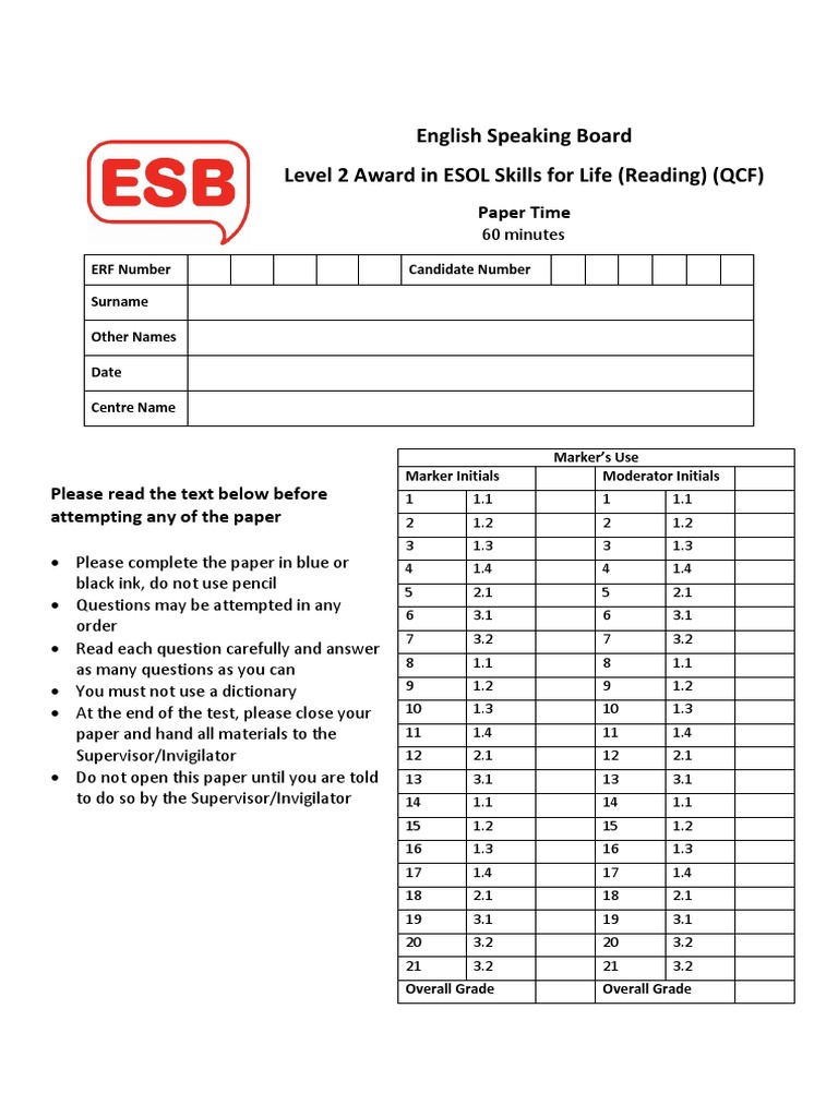 ESB Level 2 Award in ESOL Skills For Life Reading QCF | PDF | United ...