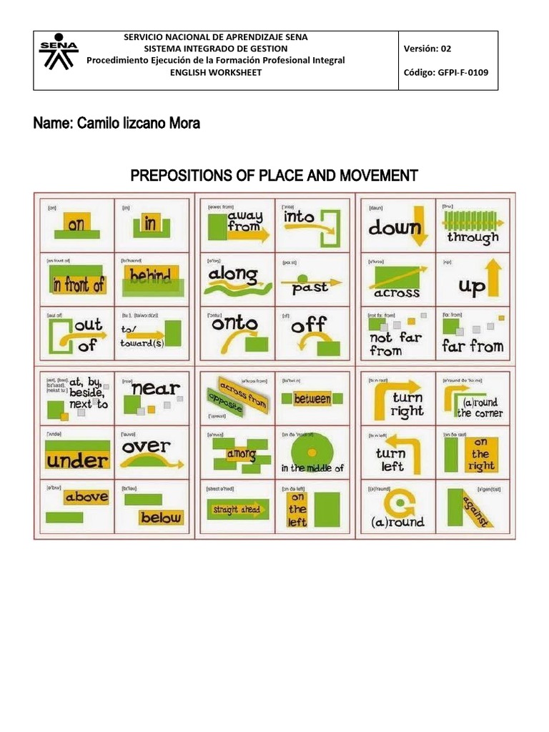 Name: Camilo Lizcano Mora Prepositions of Place and Movement | PDF ...