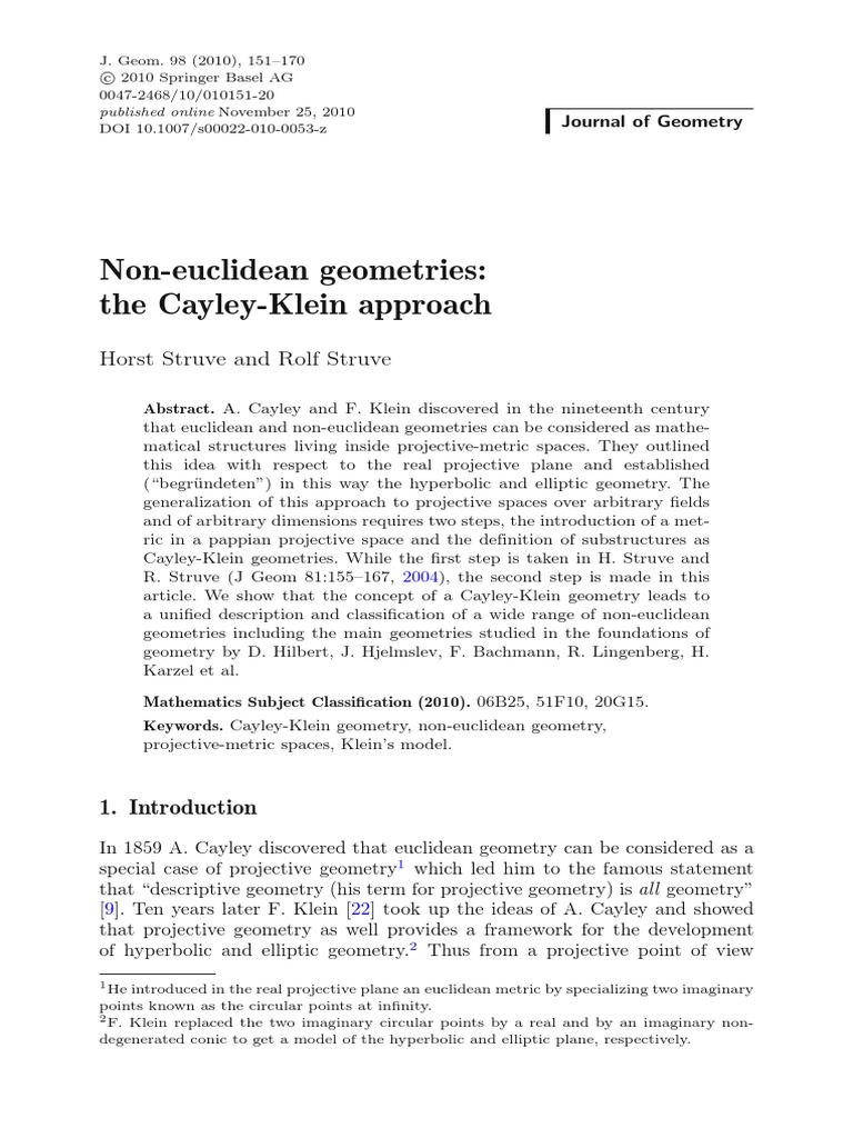 Non Euclidean Geometries The Cayley-Klein Approach | PDF | Projective ... Non Euclidean Geometries The Cayley-Klein Approach | PDF | Projective ...