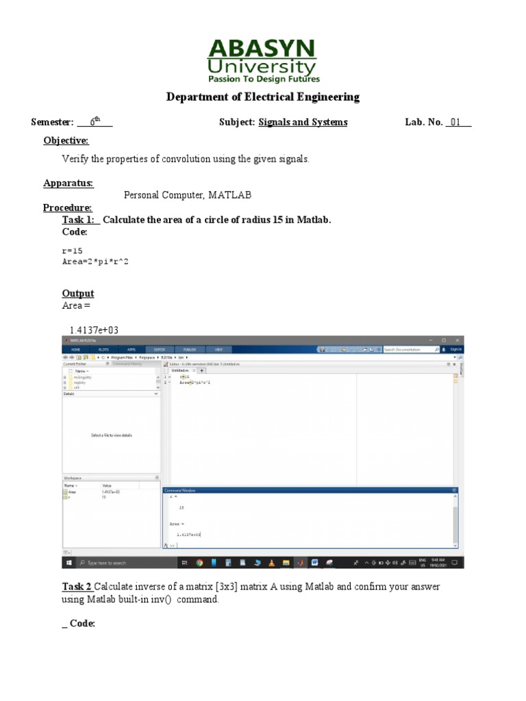 Sample Lab Report | Download Free PDF | Matlab | Matrix (Mathematics)