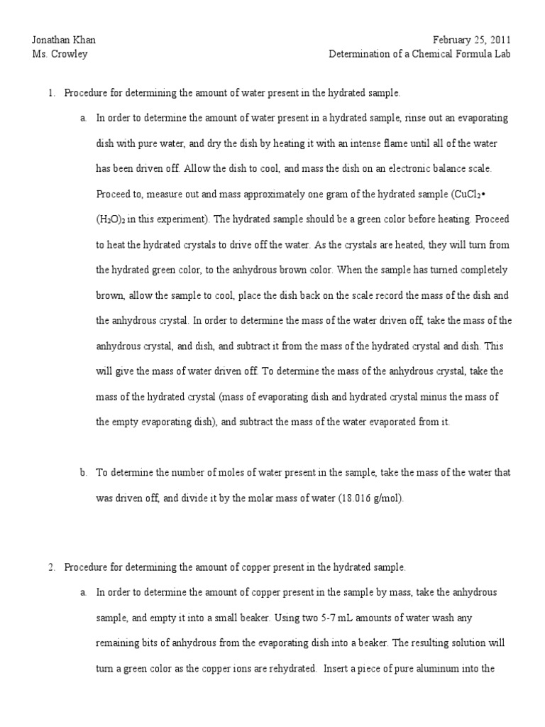 Chemical Formula Determination Lab | PDF | Mole (Unit) | Water