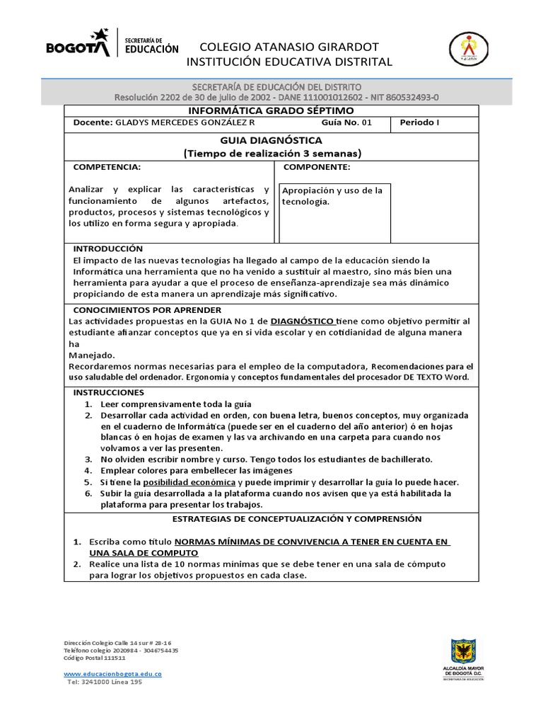 Guia 01 Informatica Septimo | Descargar gratis PDF | Aprendizaje | Informática