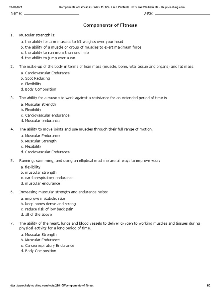 Components of Fitness Worksheet | PDF | Flexibility (Anatomy ...