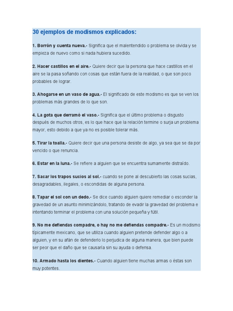 30 Ejemplos de Modismos Explicados | PDF | Artes del Lenguaje y ...