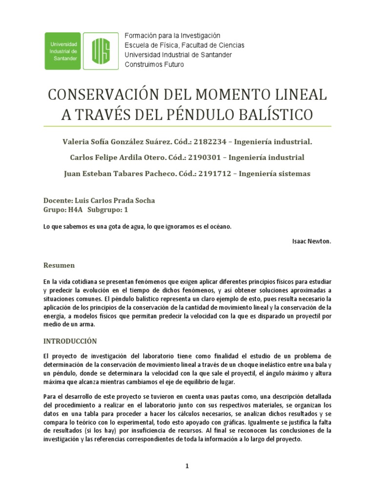 Laboratorio - Conservación Del Momento Lineal A Través Del Péndulo ...