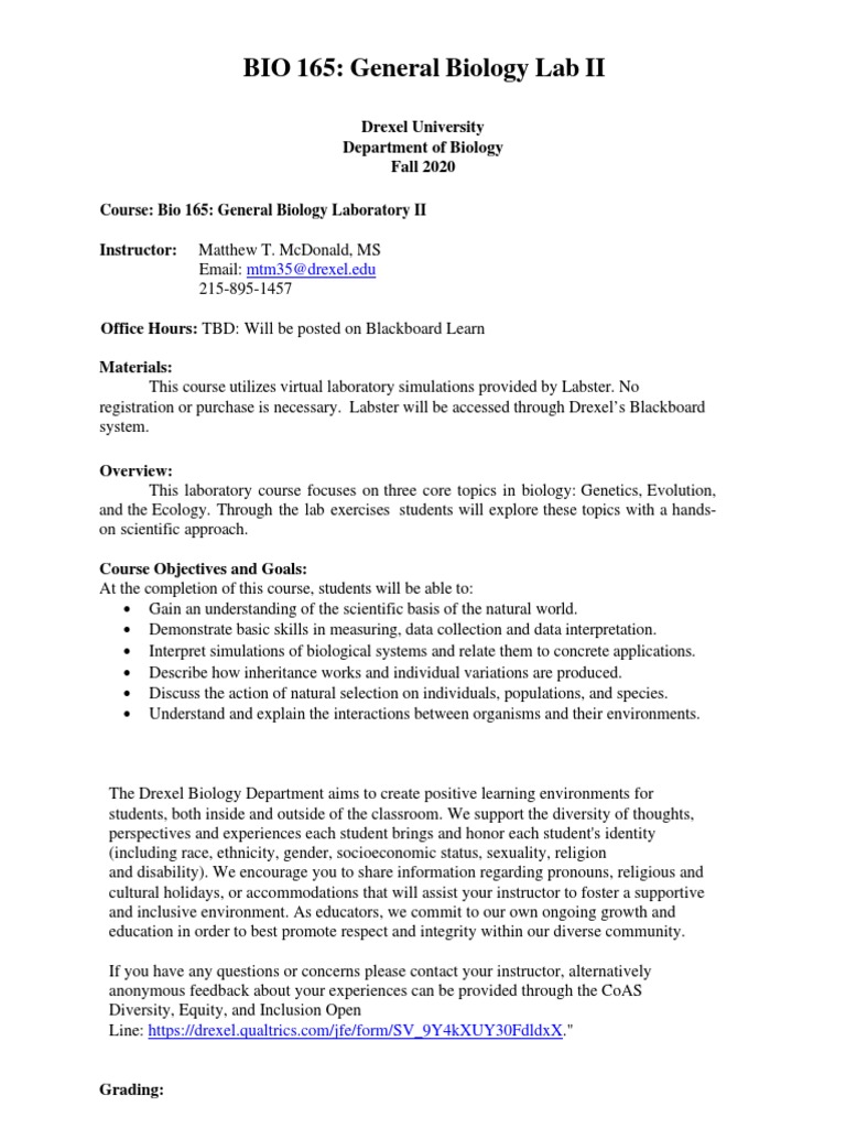 BIO 165: General Biology Lab II: Drexel University Department of ...