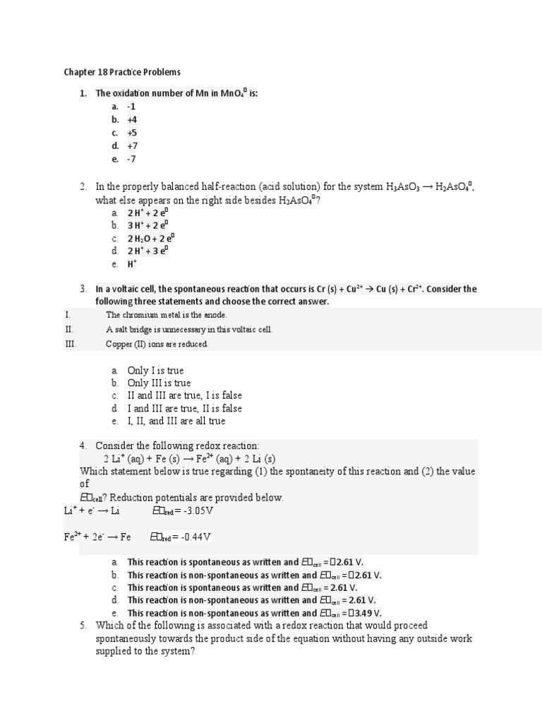 Chapter 18 Practice Problems and Answers | PDF | Redox | Atoms