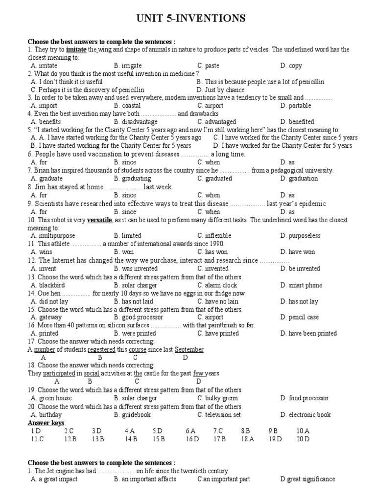 Unit 5-Inventions: Choose The Best Answers To Complete The Sentences ...