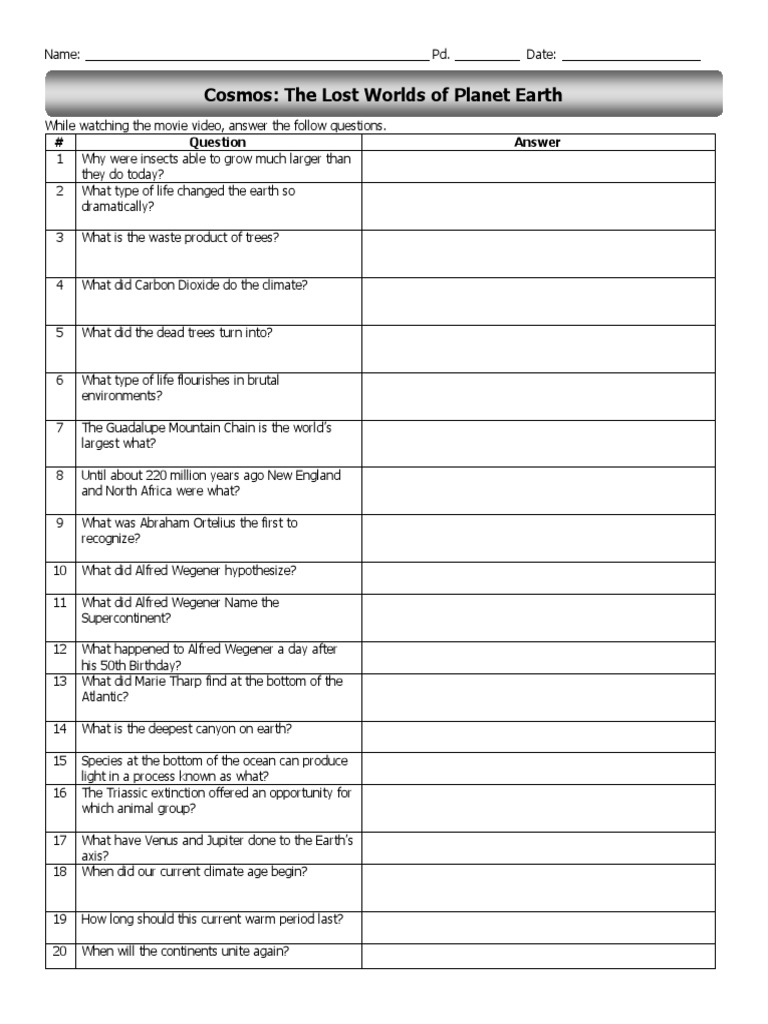 Cosmos: The Lost Worlds of Planet Earth: # Answer | PDF