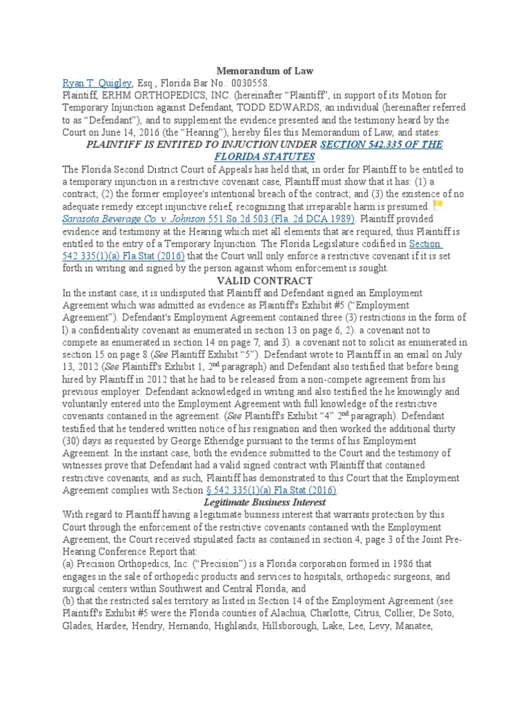 Memorandum of Law (Sample Motion #2) Citing Depuy Orthorpedics | PDF ...