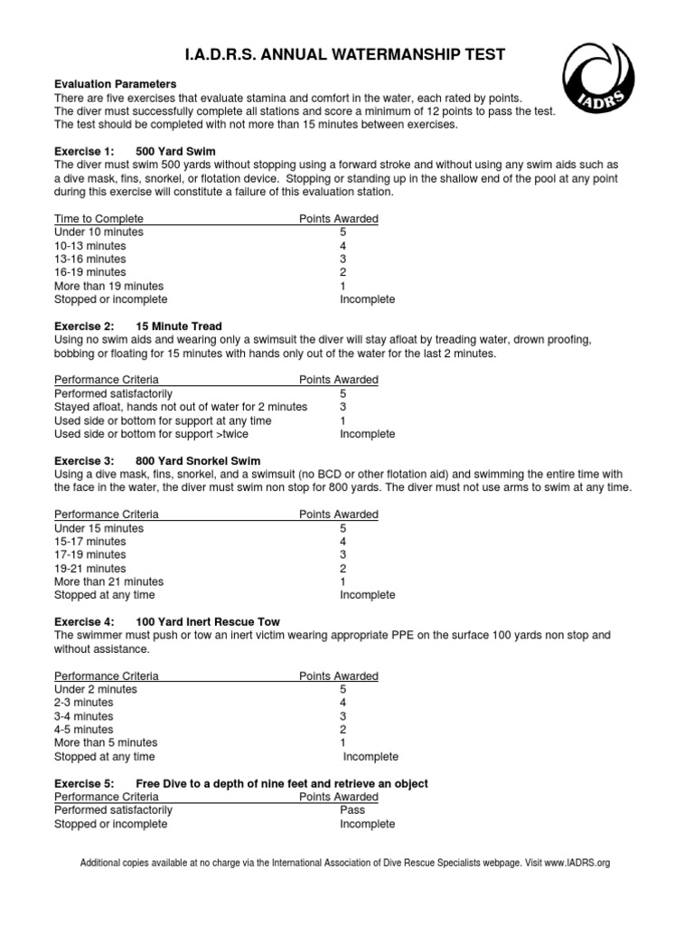 I.A.D.R.S. Annual Watermanship Test: Evaluation Parameters | PDF ...