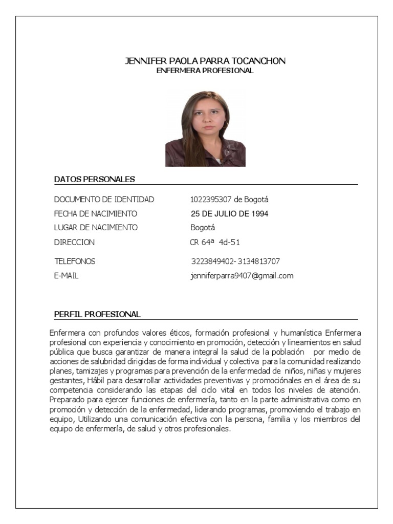 Hoja de Vida Jennifer Parra 2020 - 2 | PDF | Enfermería | Hospital