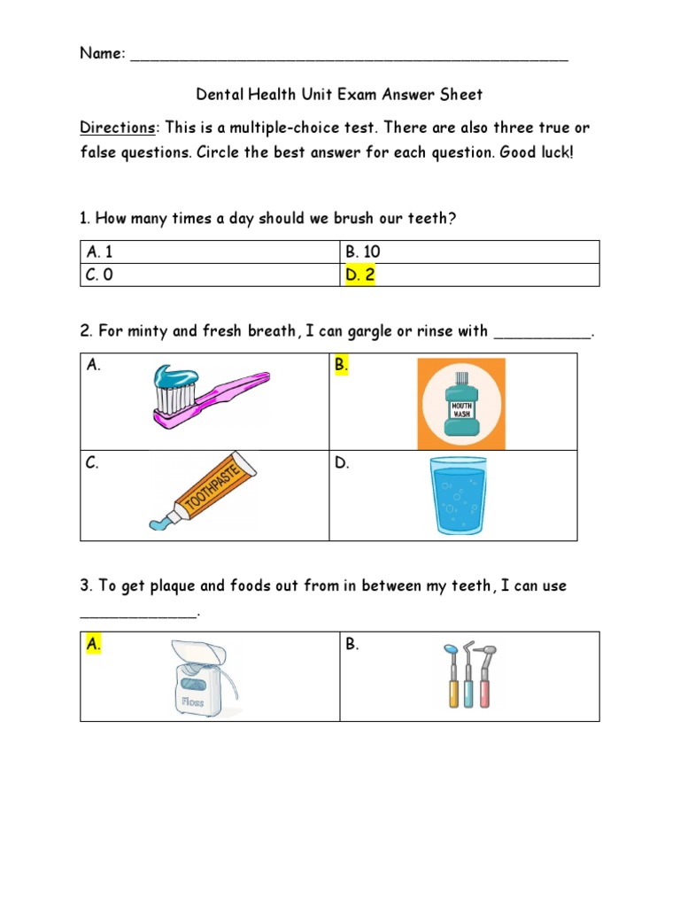 Dental Health Unit Exam Worksheet | PDF