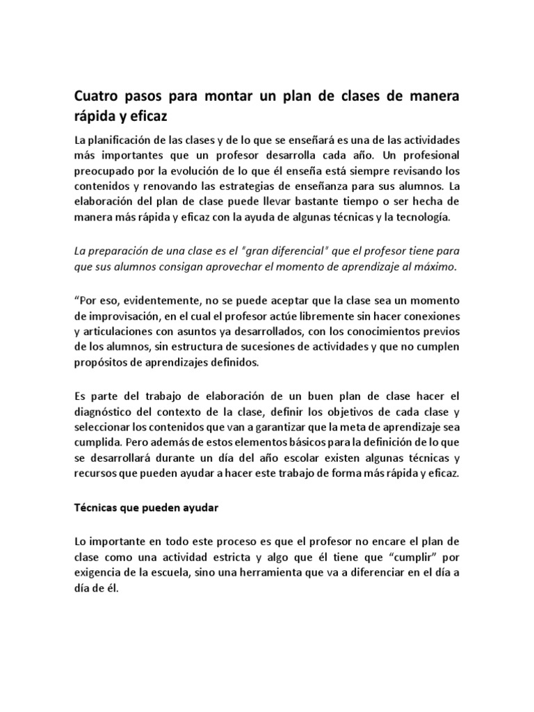 4 Pasos para Montar Un Plan de Clases de Manera Rápida y Eficaz | PDF ...