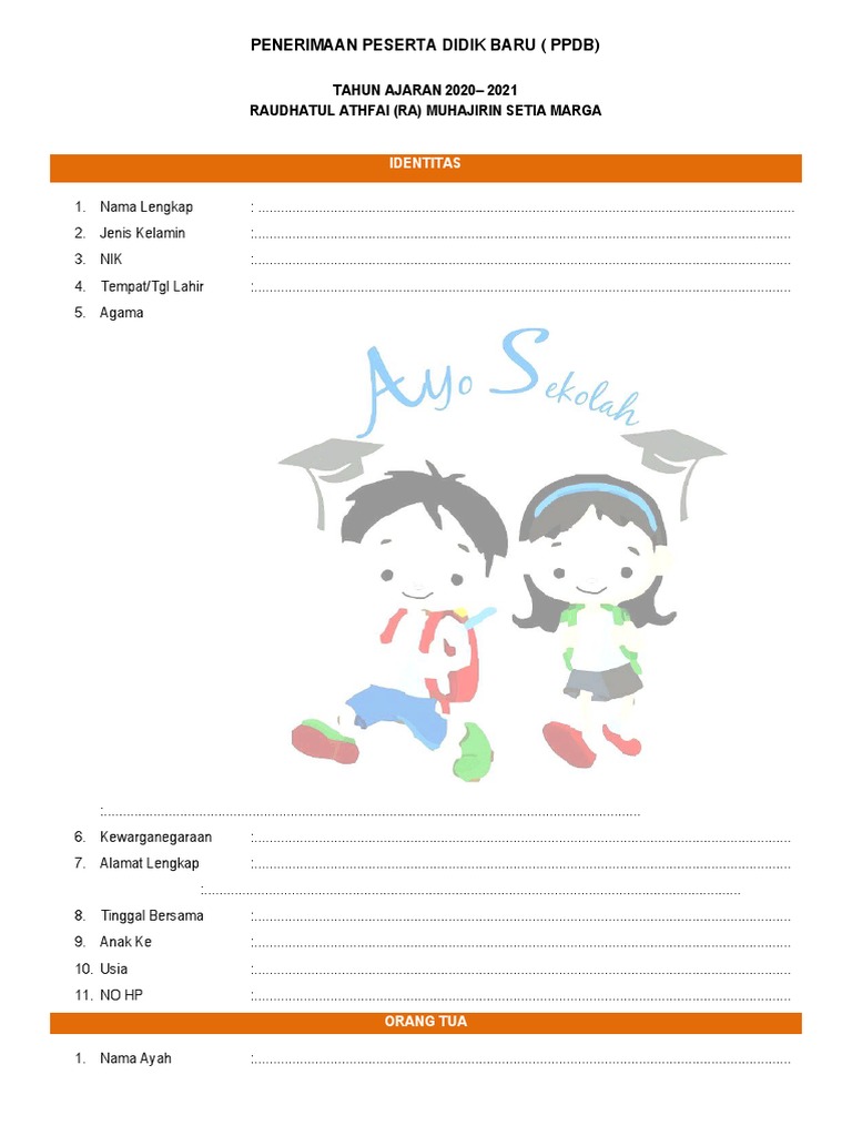 Formulir Pendaftaran Siswa PAUD TK KB TPA DOC Tahun Ajaran 2019 2020 - WWW - Dapodik.co - Id | PDF