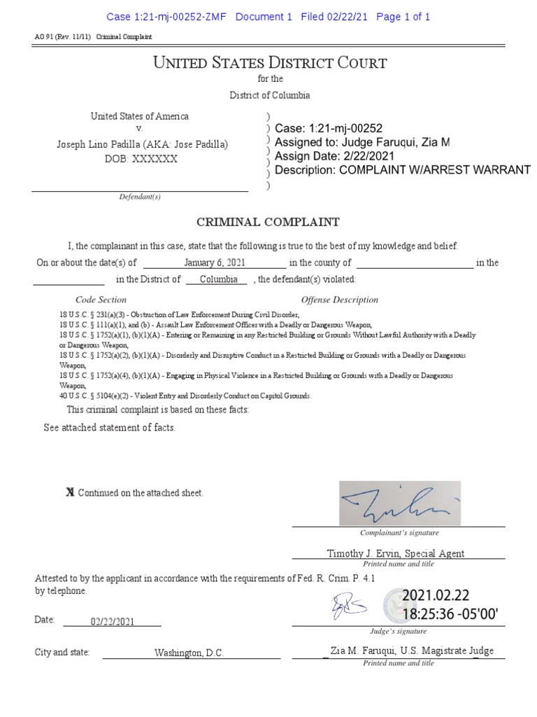 Federal Complaint - Joseph Padilla | PDF | United States Capitol ...