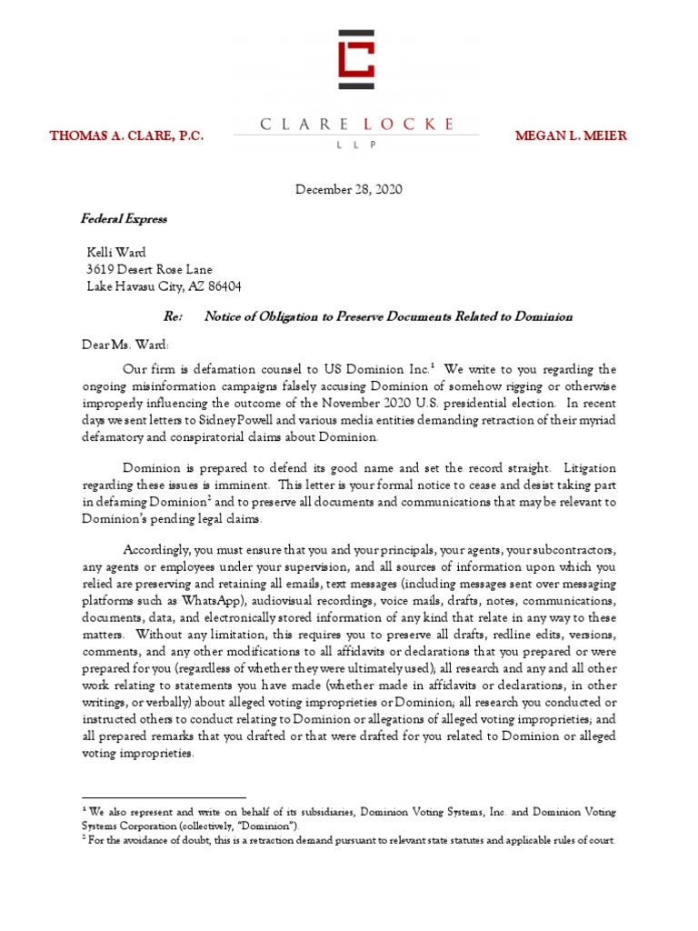 Preservation Notice To Kelli Ward | PDF | United States Presidential ...