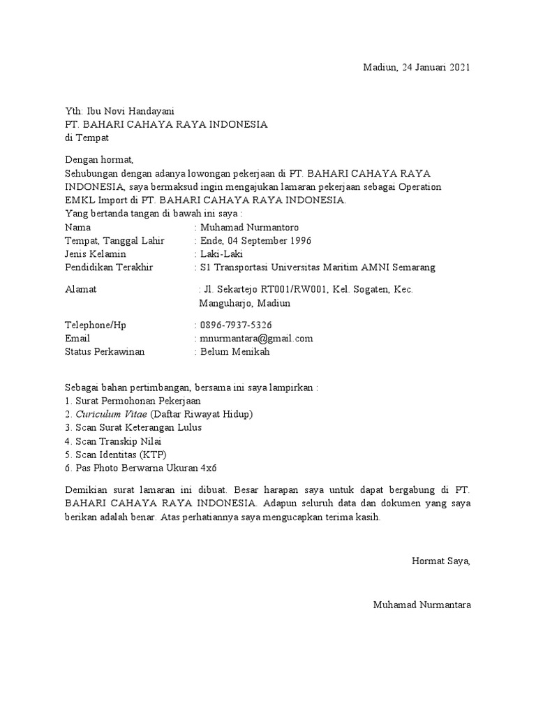 Surat Lamaran Kerja di PT Bahari Cahaya Raya | PDF