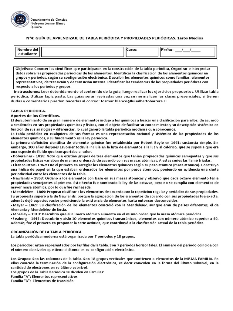 Guia de Aprendizaje Tabla Periódica 1eros Medios 2 1 | PDF | Tabla ...