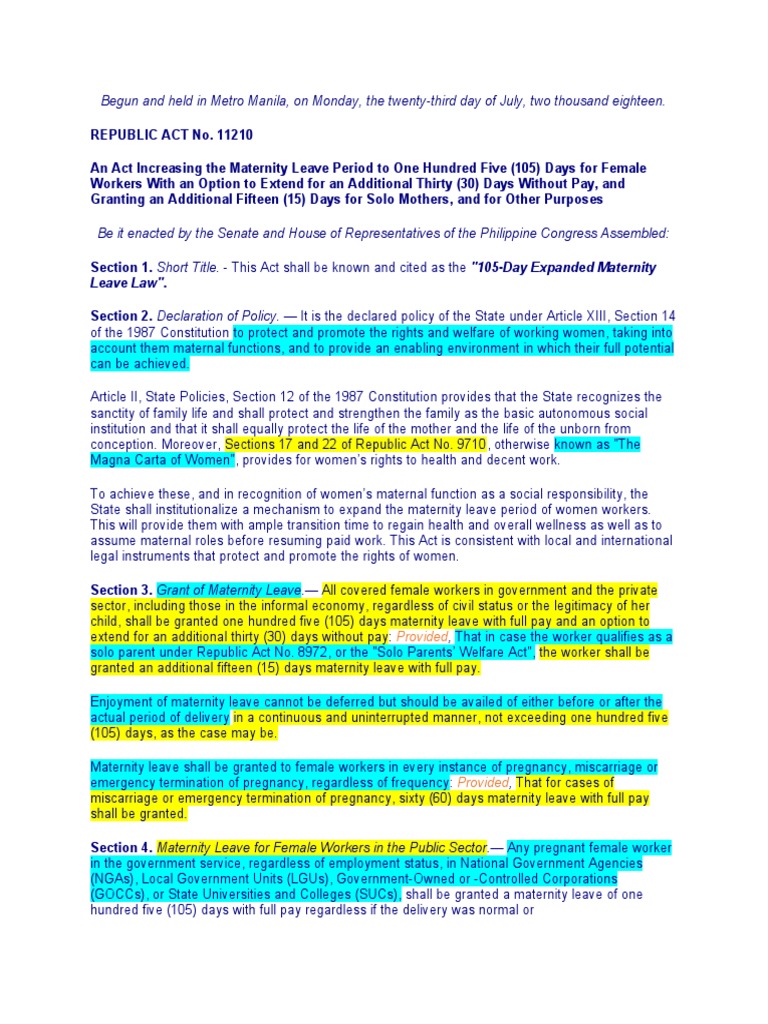 Republic Act 11210 Expanded Maternity Leave Law | PDF | Parental Leave ...