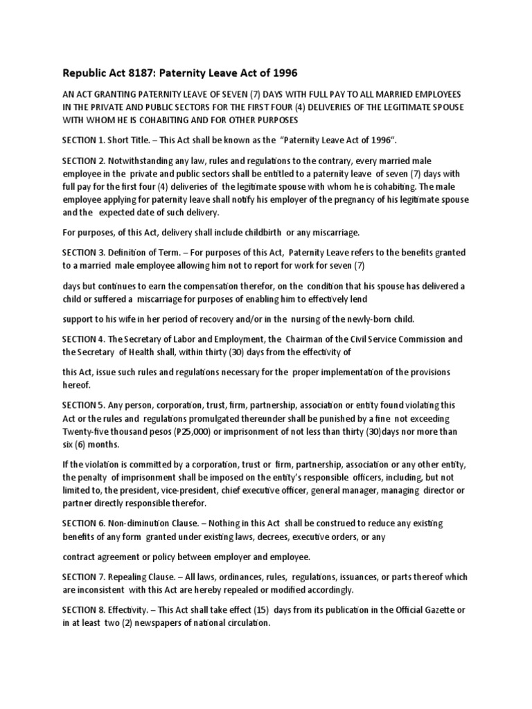 Republic Act 8187 Paternity Leave Act of 1996 | PDF | Parental Leave ...