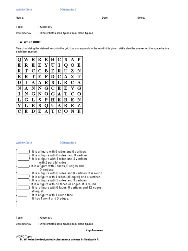 Solid and Plane Figures Worksheets | PDF | Plane (Geometry) | Geometric ...