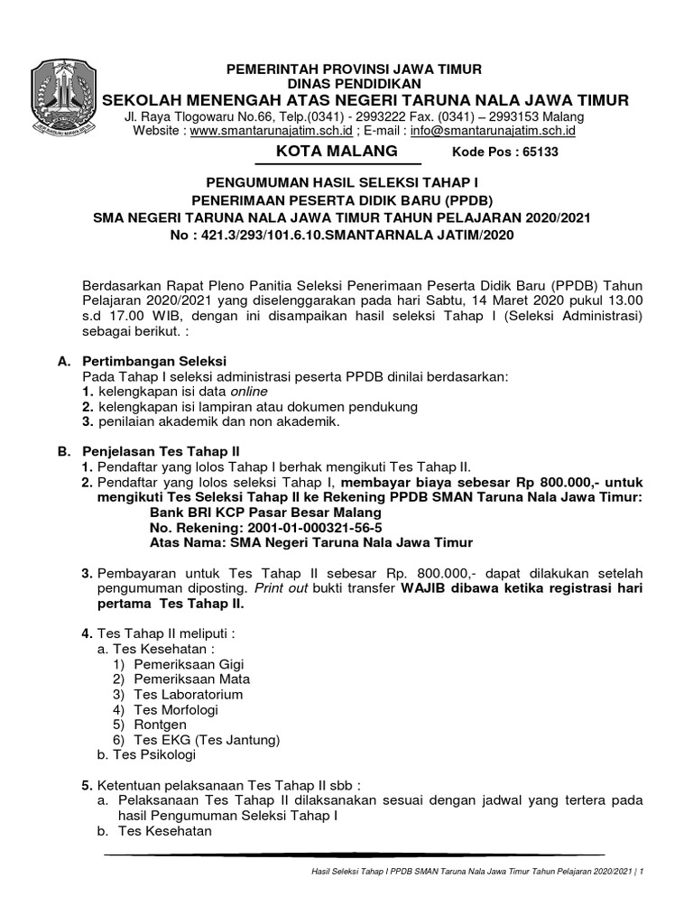 Pengumuman Hasil Seleksi Tahap I PPDB Sman Taruna Nala Jatim Tahun 2020 | PDF