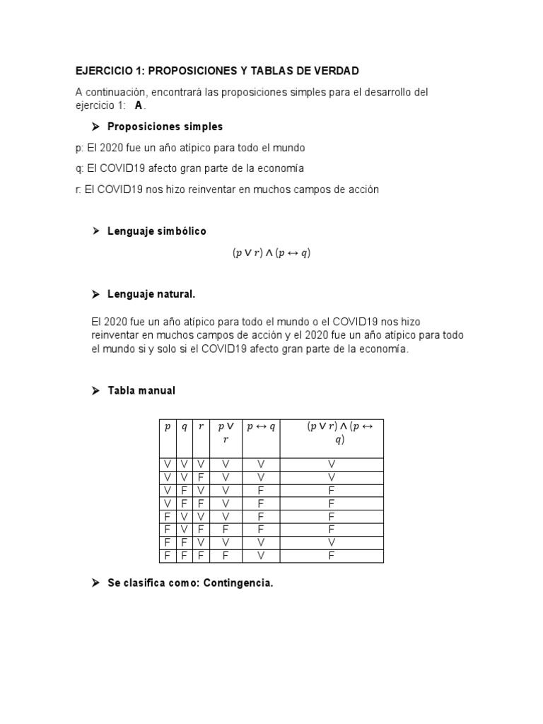 Ejercicio 2 Unidad - PROPOSICIONES Y TABLA DE VERDAD | PDF | Finanzas y ...