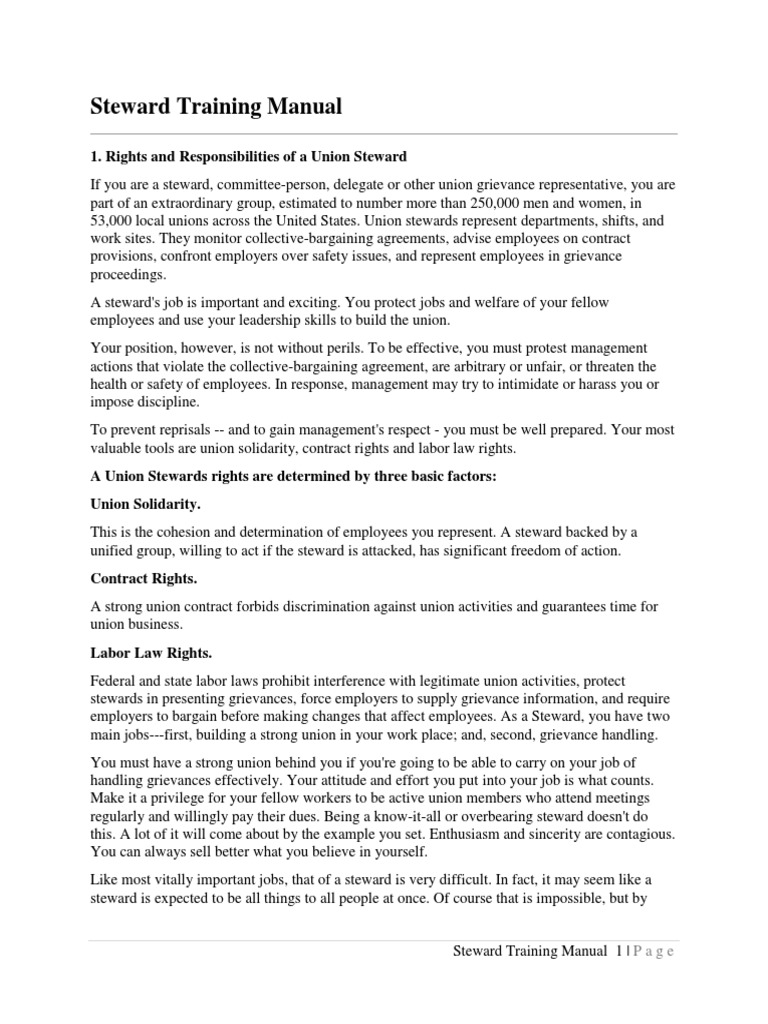 Steward Training Manual: 1. Rights and Responsibilities of A Union ...