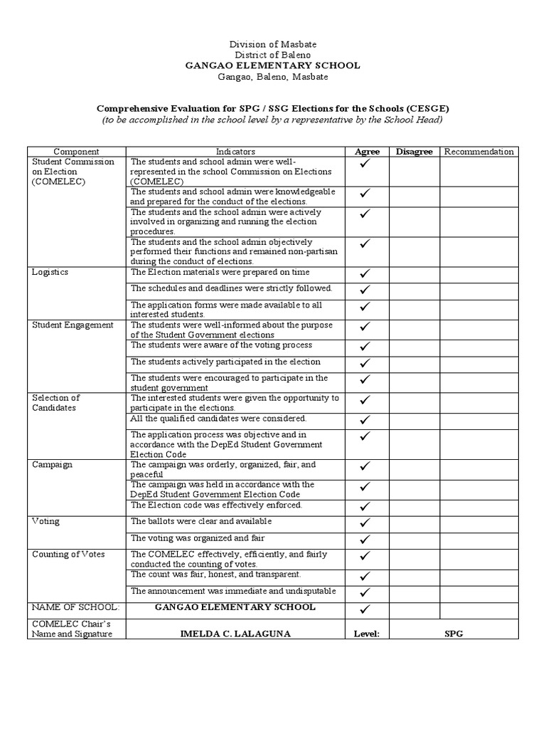 Comprehensive Evaluation For SPG SSG Elections For The Schools (CESGE ...