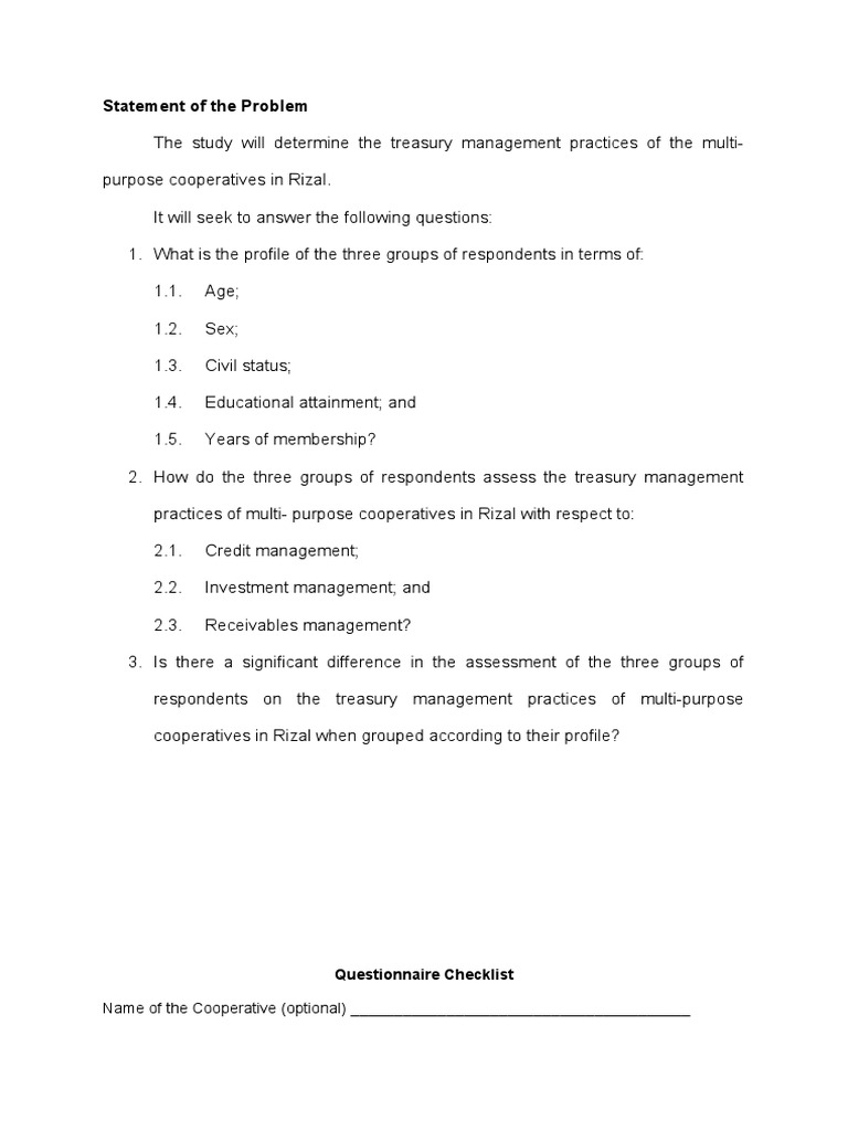 Sample Statement of The Problem and Questionnaire | PDF | Interest | Debt