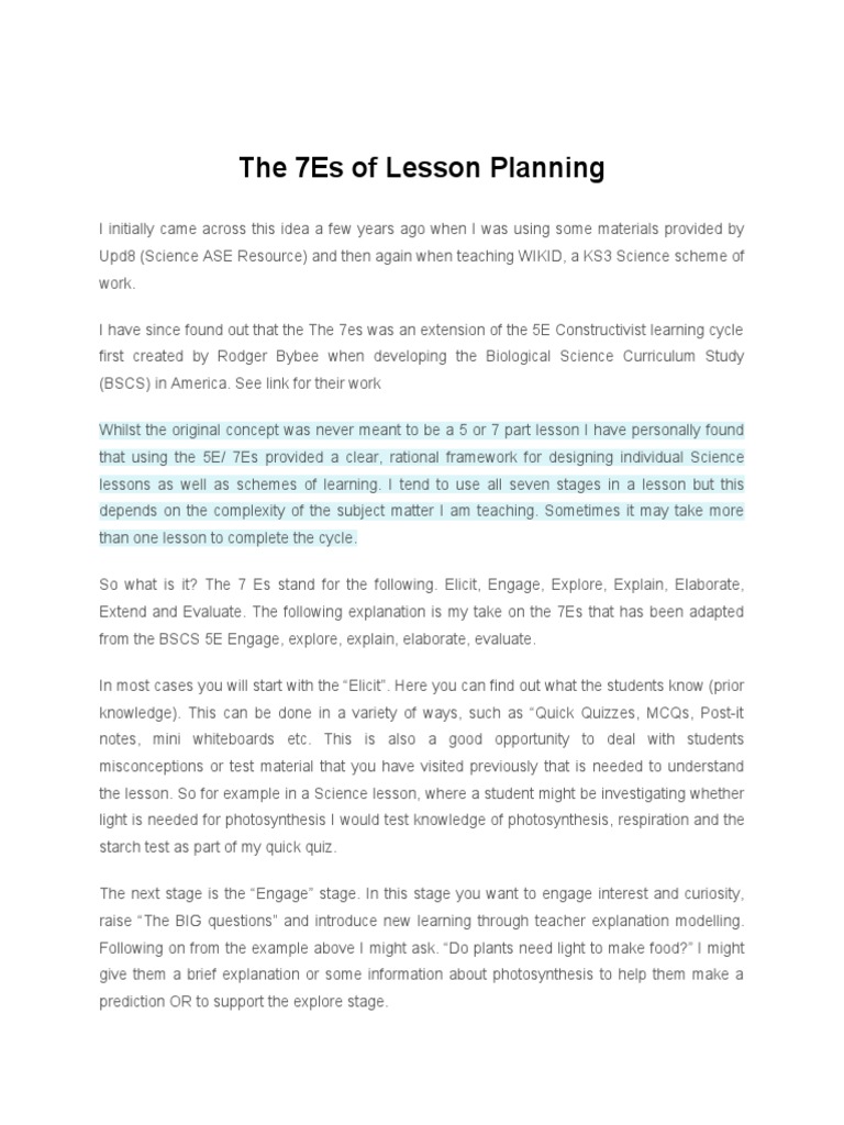 The 7es of Lesson | PDF | Learning | Teachers