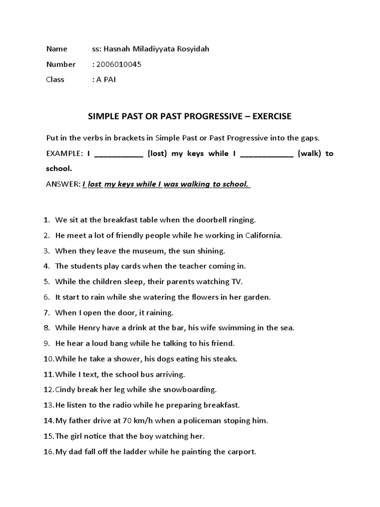 Simple Past or Past Progressive - Exercise: School | PDF