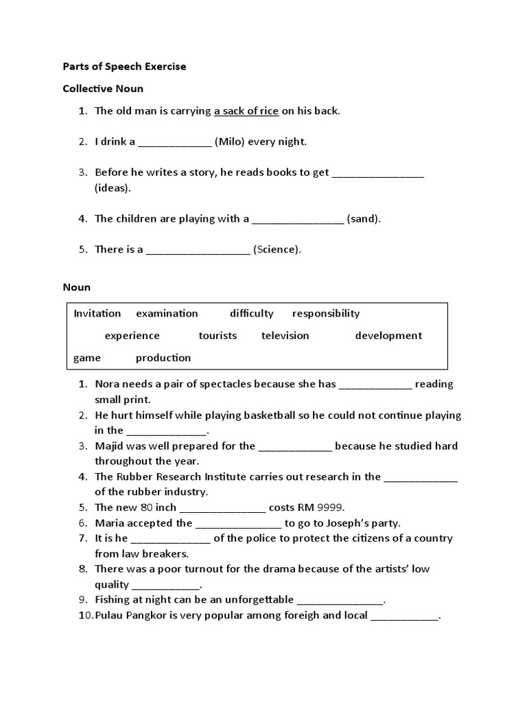 Parts of Speech Exercise | PDF | Syntax | Grammar