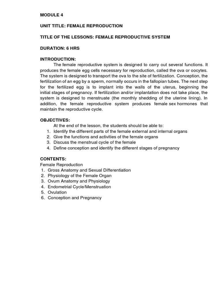 Unit Title: Female Reproduction Title of The Lessons: Female ...