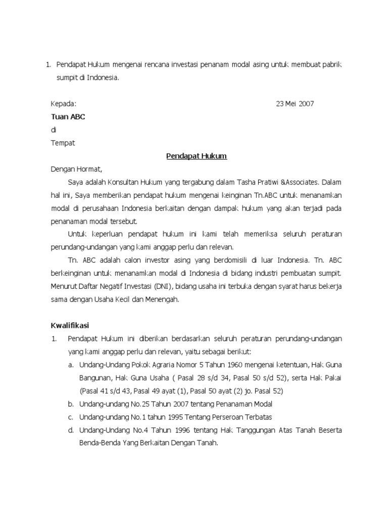 Contoh Legal Opinion Terkait Investasi | PDF